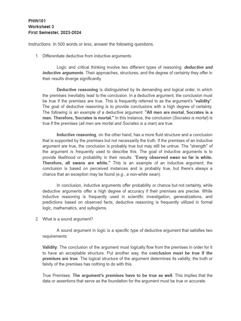 Worksheet 3 Deductive And Inductive Reasoning Pdf Argument