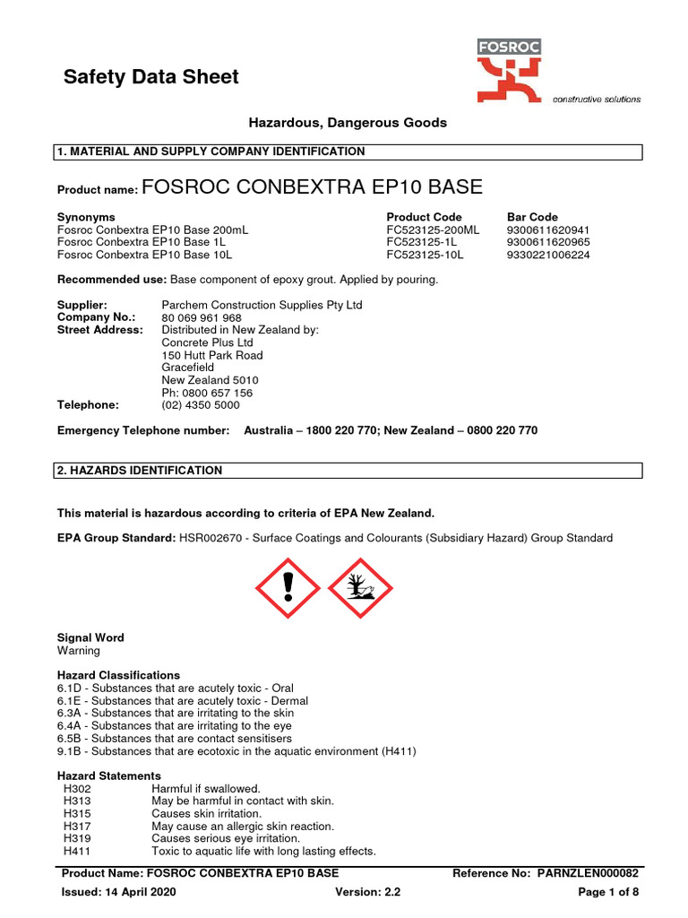 Fosroc Conbextra Ep10 Base-Nz Sds | PDF | Dangerous Goods | Toxicity