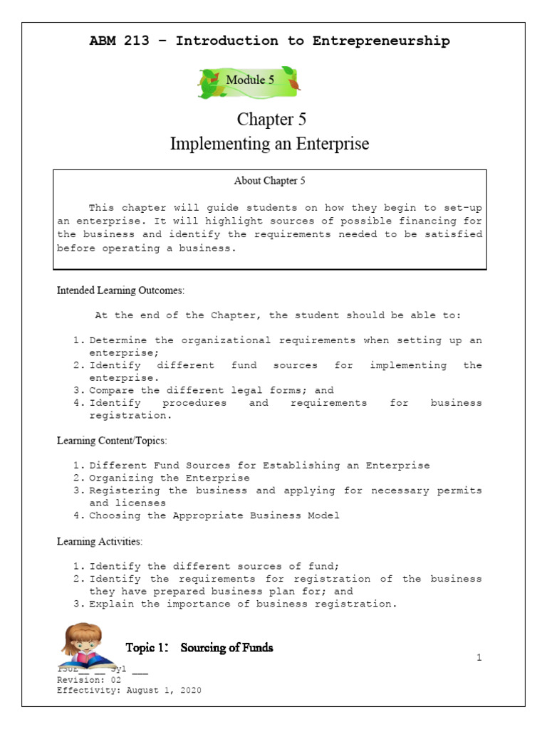 Entrepreneurship Module 5 Implementing An Enterprise Pdf Sole