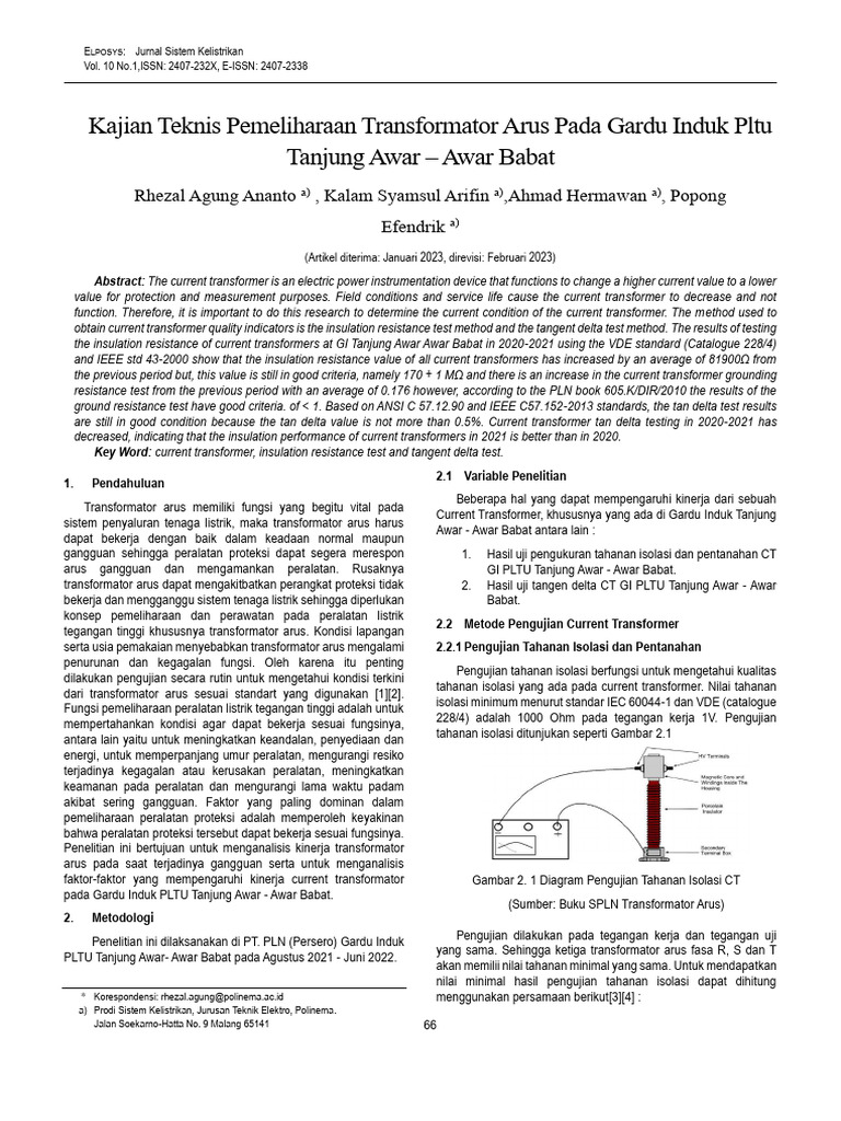 Kajian Teknis Pemeliharaan Transformator Arus Pada Gardu Induk Pltu Tanjung Awar - Awar Babat | PDF