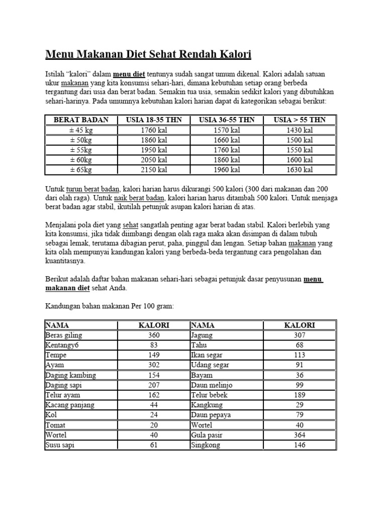 Menu Makanan Diet Sehat Rendah Kalori | PDF