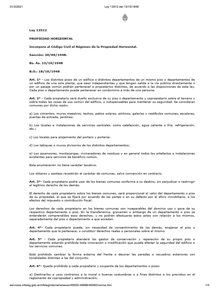 Ley de Prop. Horizontal | PDF | Condominio | Propiedad