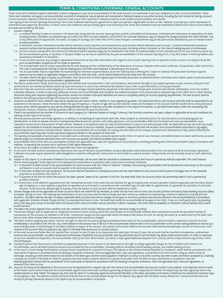 HBL General Account Terms & Conditions | PDF | Banks | Cheque