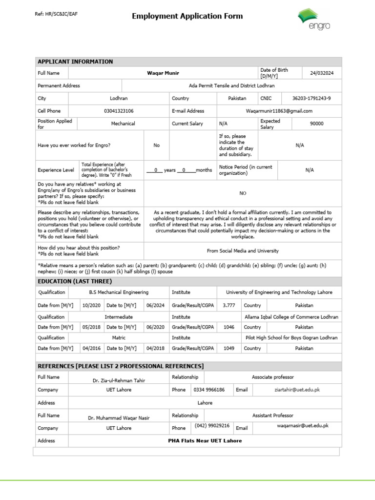 Employment Application Form | Download Free PDF | Conflict Of Interest