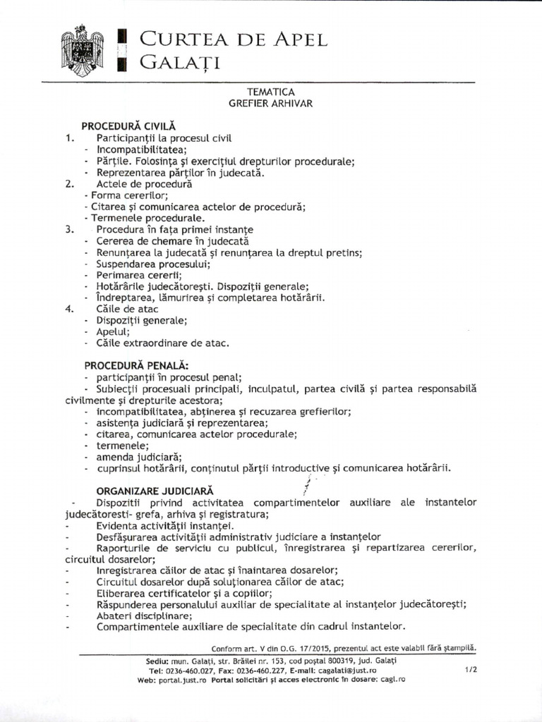 Tematica Si Bibilografie - Concurs Grefieri-Arhivari 24-25 Mai 2024 | PDF