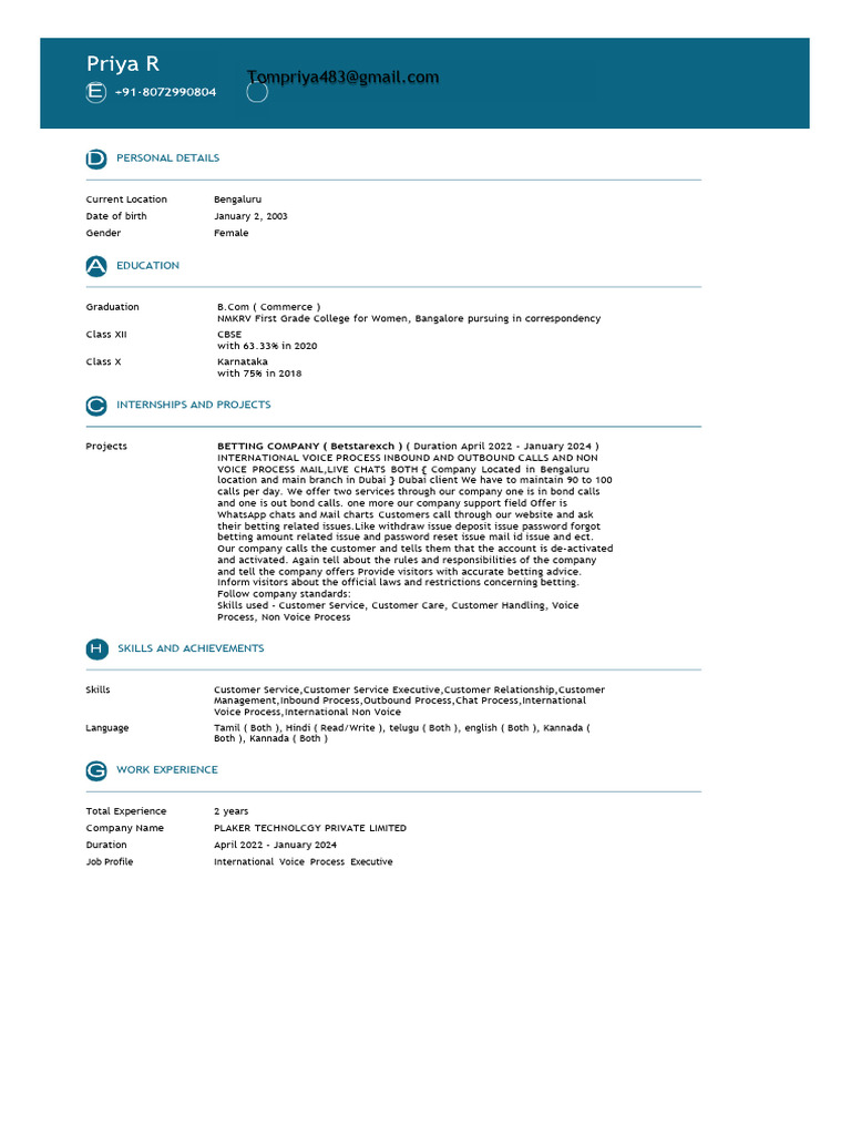 PRIYA R Votiko | PDF | Bangalore