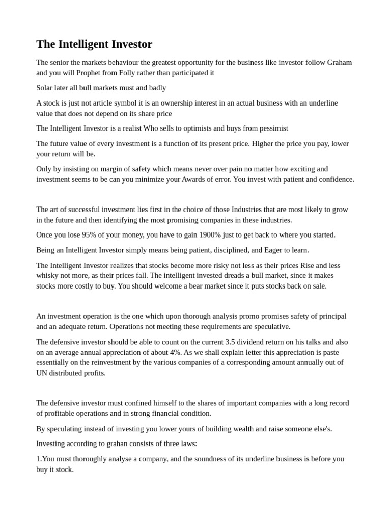 Intelligent Investor Notes | PDF | Cost Of Living | Stocks