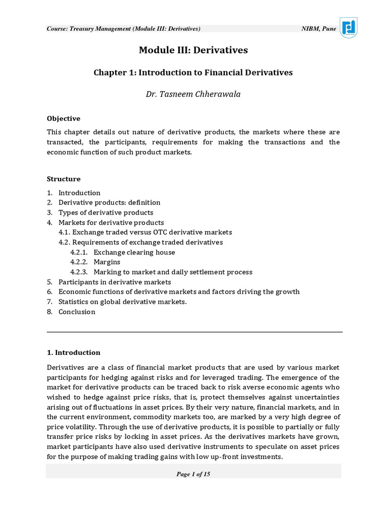TRSMGT Module III CH 1 Introduction To Derivatives | PDF | Derivative (Finance) | Option (Finance)