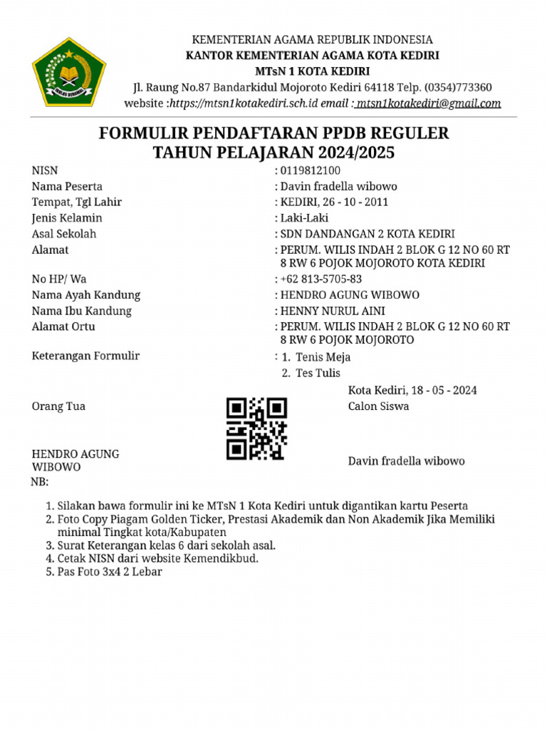 Pendaftaran MTs 1 Davin | PDF