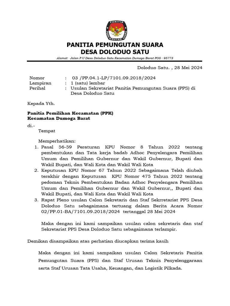 Surat Pengusulan Sekretariat PPS Ke PPK | PDF | Ilmu Sosial