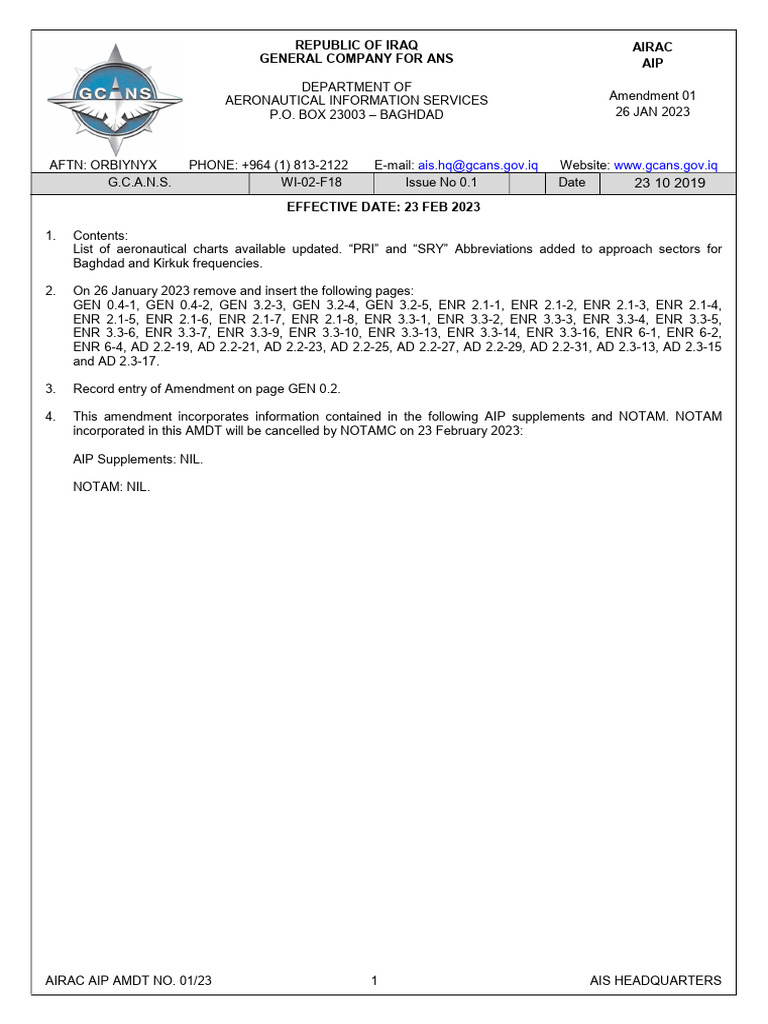Iraq AIRAC AIP Amendment 01/23 | PDF | Aviation | Aviation Safety