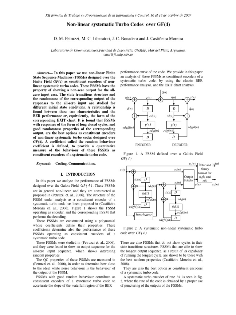 Non-Linear Systematic Turbo Codes Over GF (4) : D. M. Petruzzi, M. C. Liberatori, J. C. Bonadero ...