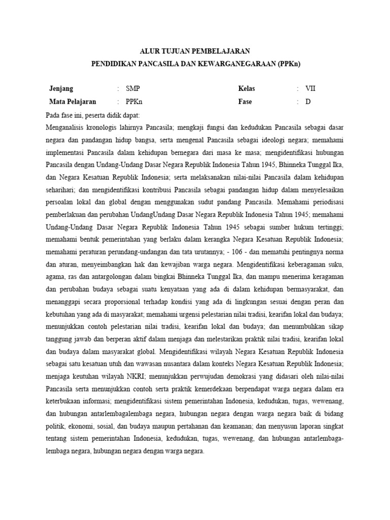 Alur Tujuan Pembelajaran Baru PKN | PDF | Ilmu Sosial | Sains & Matematika