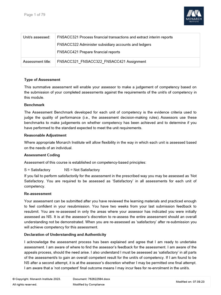 FNSACC321 - 322 - 421 Assignment Student Copy v2.2 | PDF | Debits And Credits | Receipt