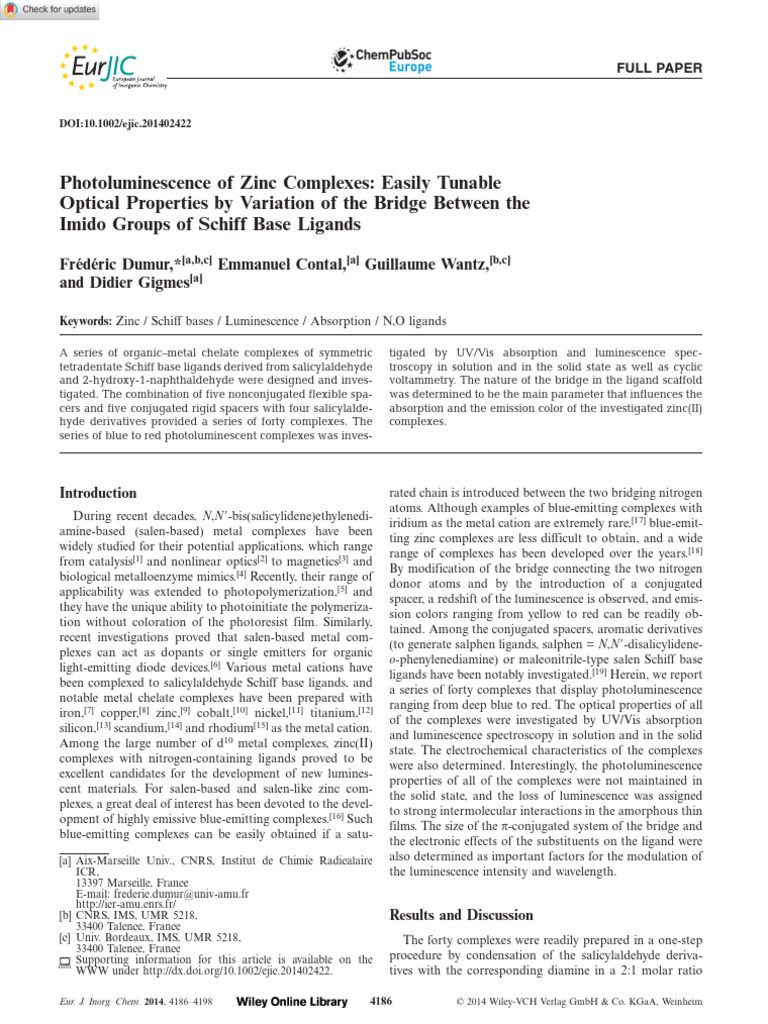 Eur J Inorg Chem - 2014 - Dumur - Photoluminescence of Zinc Complexes Easily Tunable Optical ...