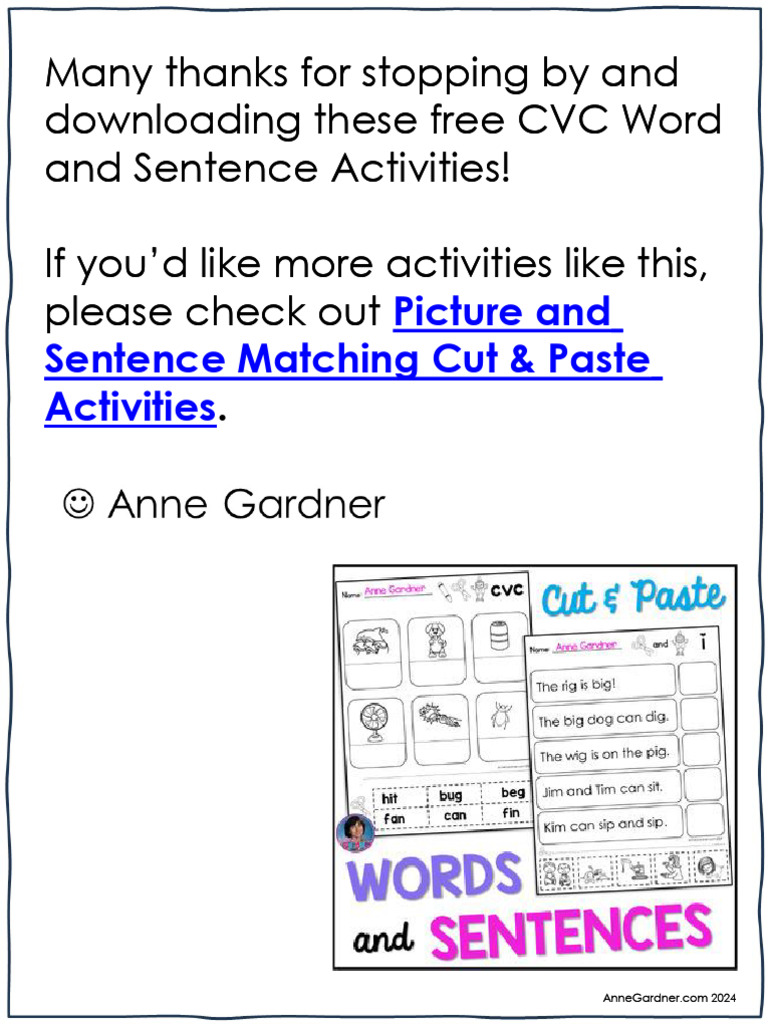 Picture and Sentence Matching Cut & Paste Activities Picture and ...