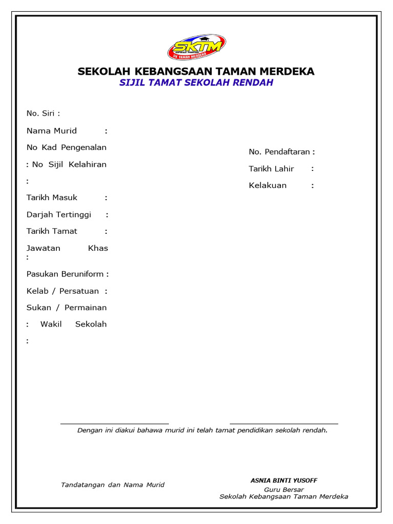 Sijil Berhenti Sekolah SKTM 2023 Template - 20231227 - 101504 - 0000 | PDF