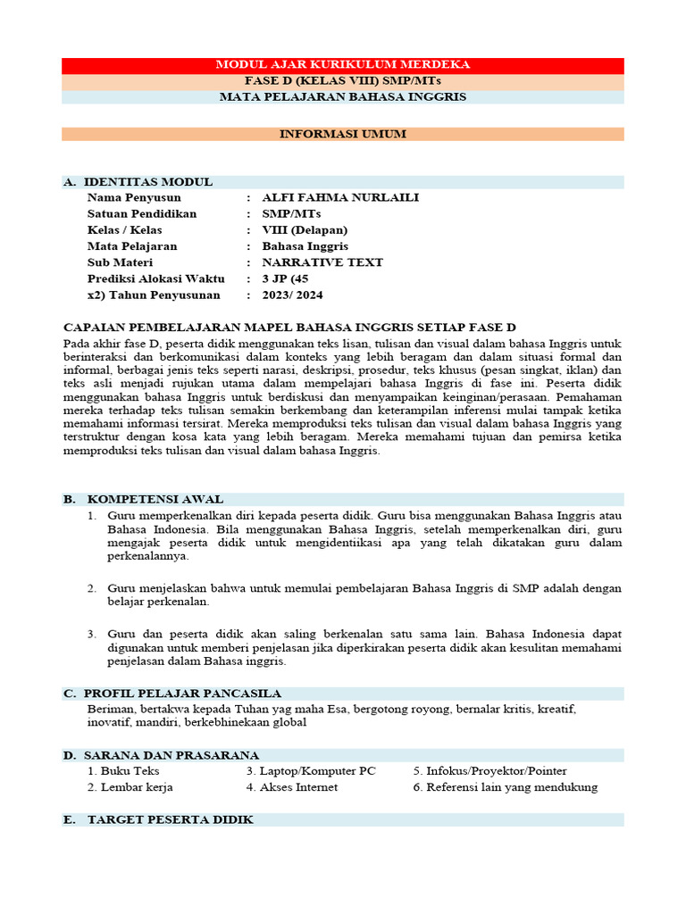 Modul Ajar-MTs Negeri Surakarta 1-Narrative Text-Alfi Fahma | PDF