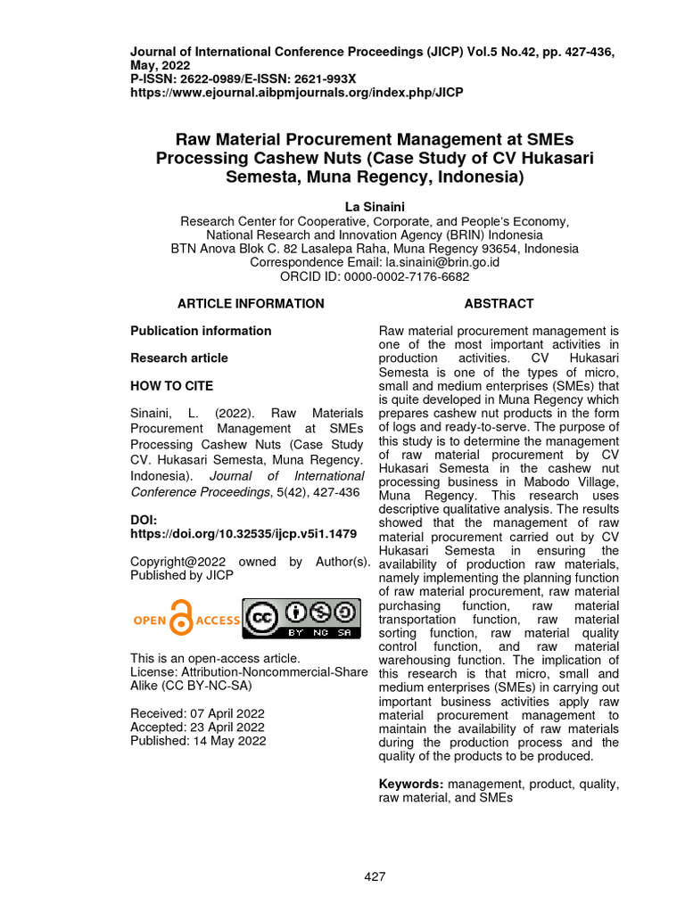 Raw Material Procurement Management at Smes Processing Cashew Nuts ...