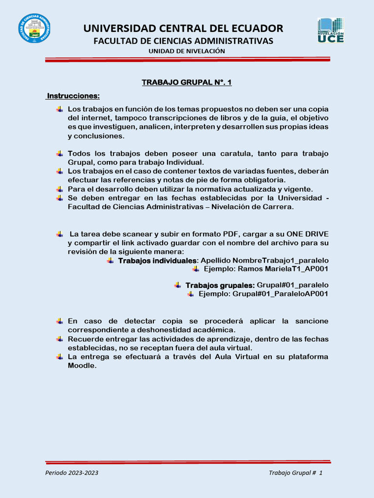 Instrucciones para Trabajo Grupal 1 UCE | PDF