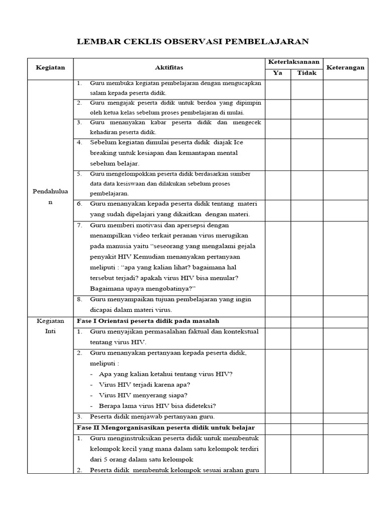 Lembar Ceklis Observasi Pembelajaran | PDF | Karier & Perkembangan ...