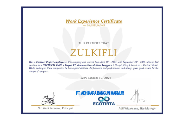 Work Experience Certificate Zulkifli Pdf
