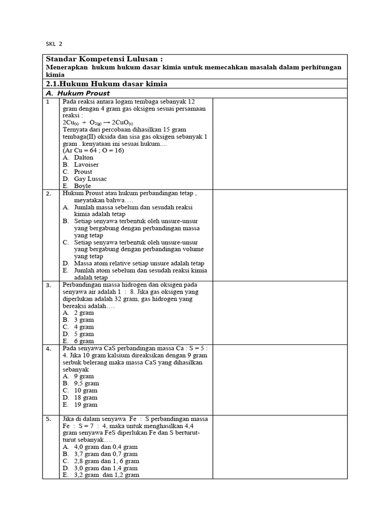 SKL 2 hk dasar kimia dan stoikiometri | PDF