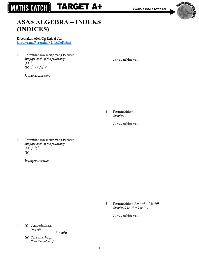 Asas Algebra 2021 - Indices | PDF