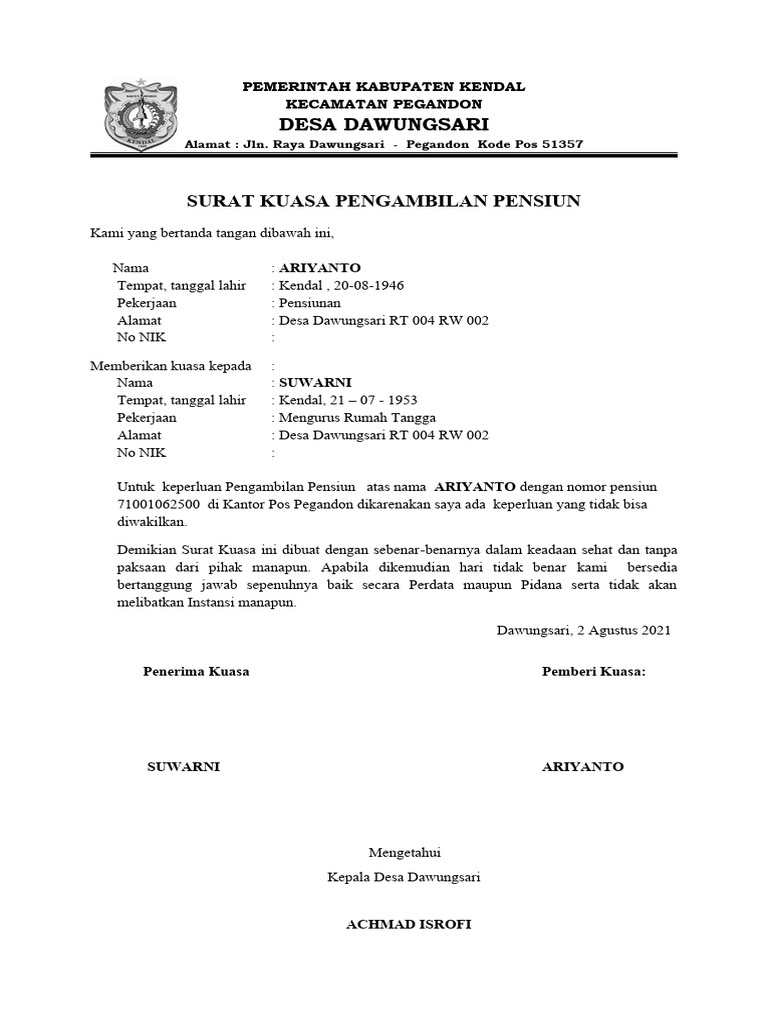 Contoh Surat Kuasa Pengambilan BST | PDF