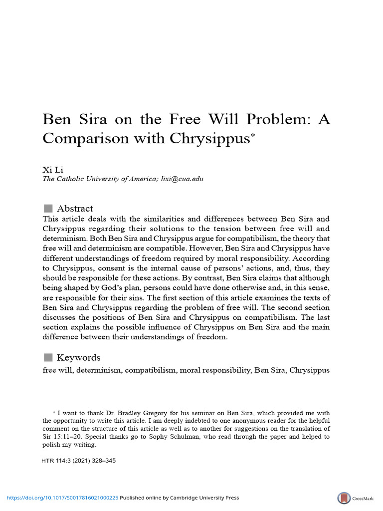 Ben Sira On The Free Will Problem A Comparison With Chrysippus | PDF ...