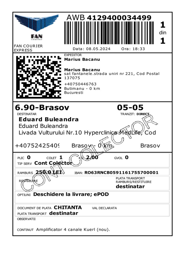Fan Courier Shipping Details and Invoice | PDF