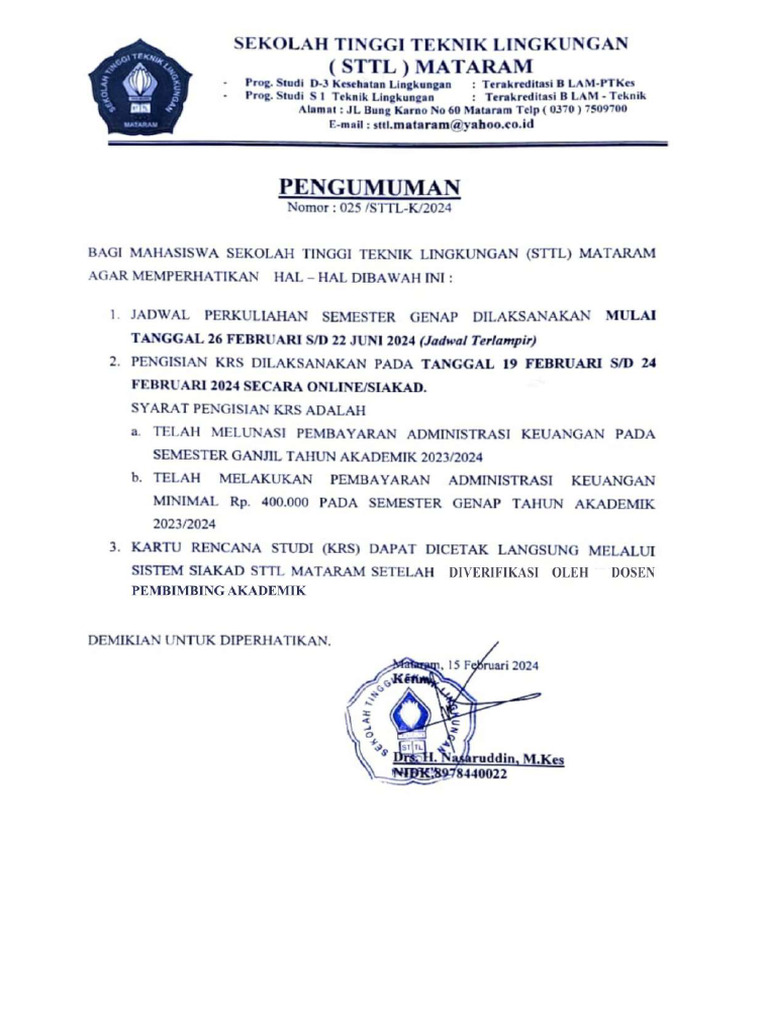 Pengumuman Pengisian KRS SMT Genap Ta. 2023-2024 | PDF