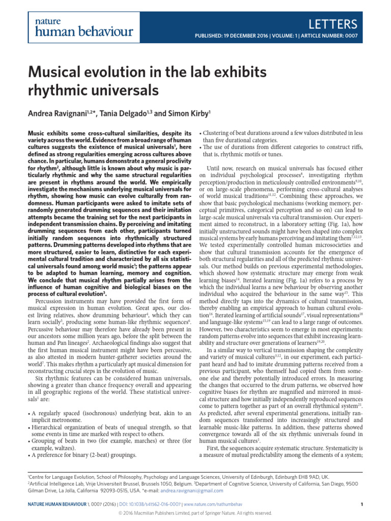 Ravignani - Etal - 2016 - Musical Evolution in The Lab... | Download Free PDF | Rhythm | Evolution
