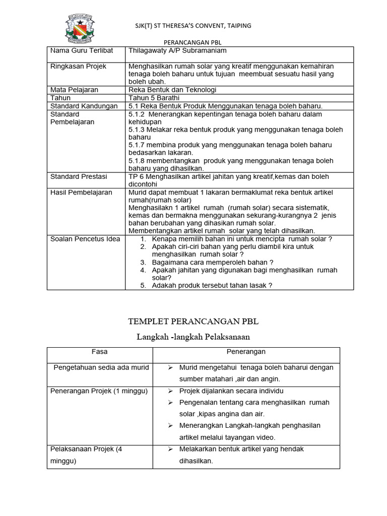 Perancangan PBL RBT Tahun 5 Solar | PDF | Seni | Sains & Matematika