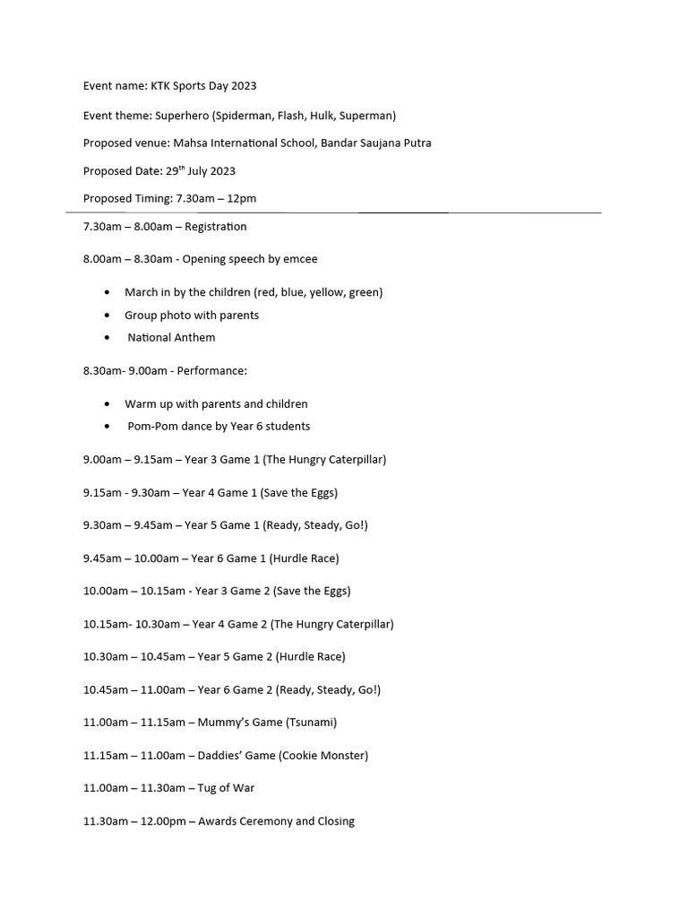 KTK Sports Day Planning 2023 Final | PDF | Sports & Recreation