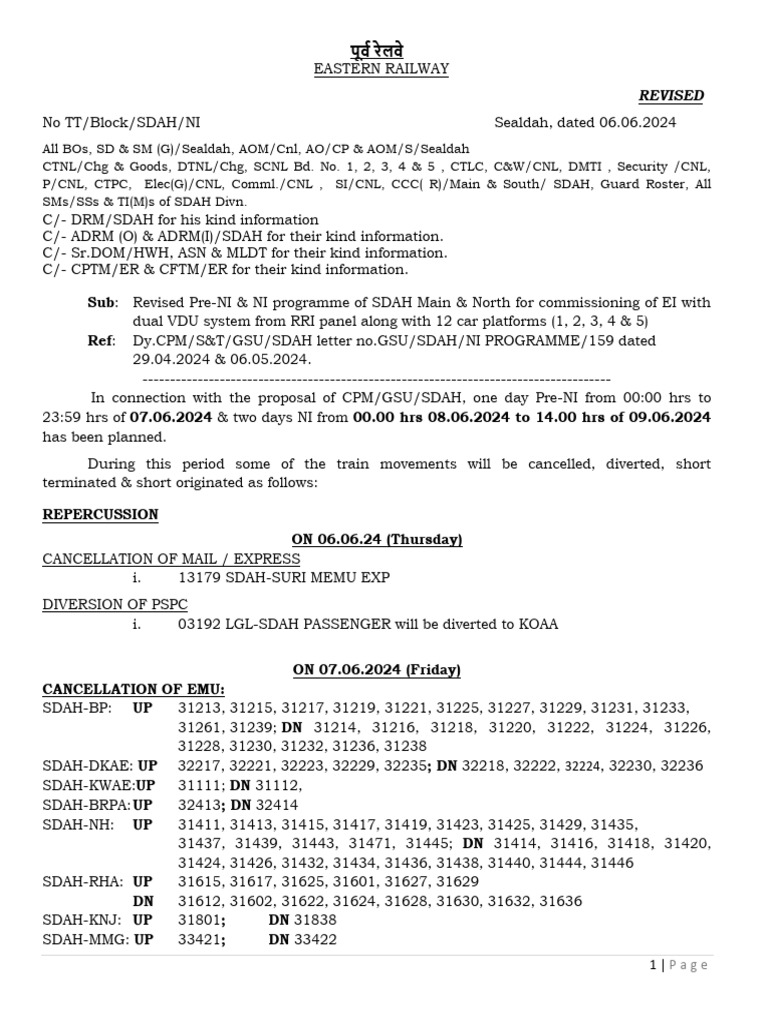 Sdah Circular Revised-1 | PDF | Rail Infrastructure | Passenger Rail Transport