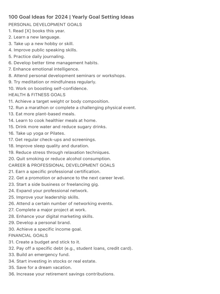 100 Goal Ideas For 2024 - Yearly Goal Setting Ideas | PDF ...