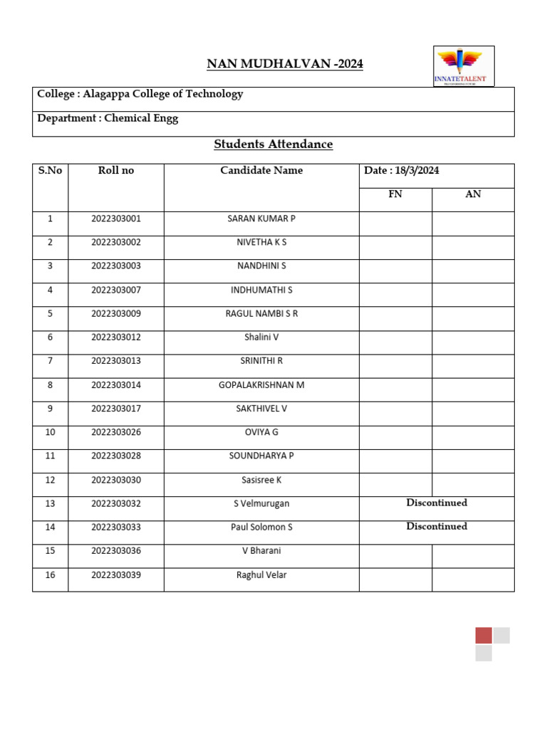 Nan Mudalvan-2024 Attendance Format | PDF | Tamil Cinema | Cinema Of India