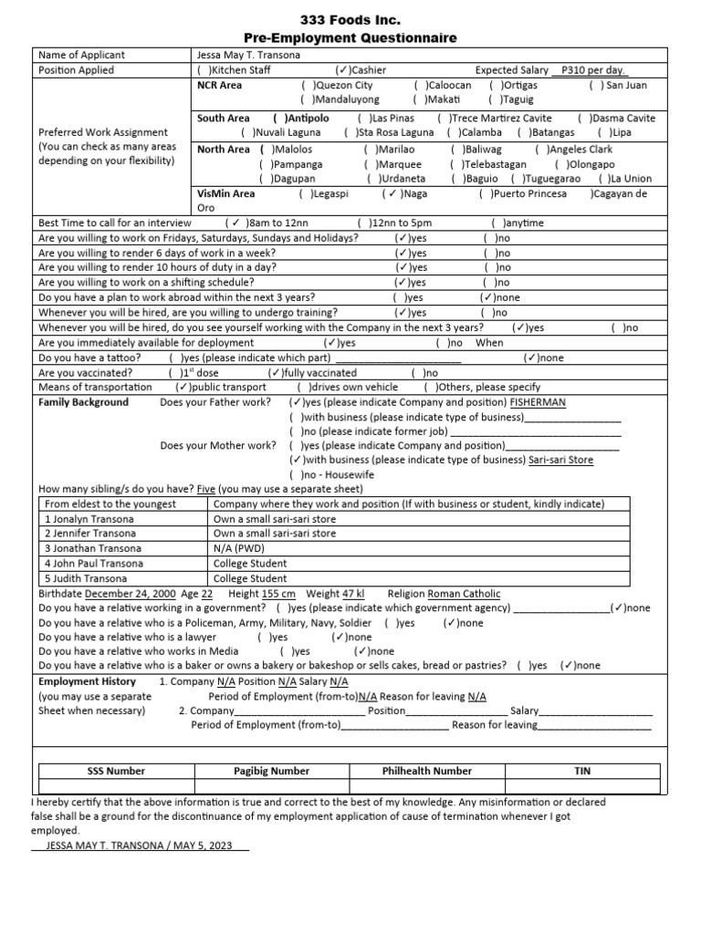 Pre Employment questionnaire-BT | PDF | Bakery