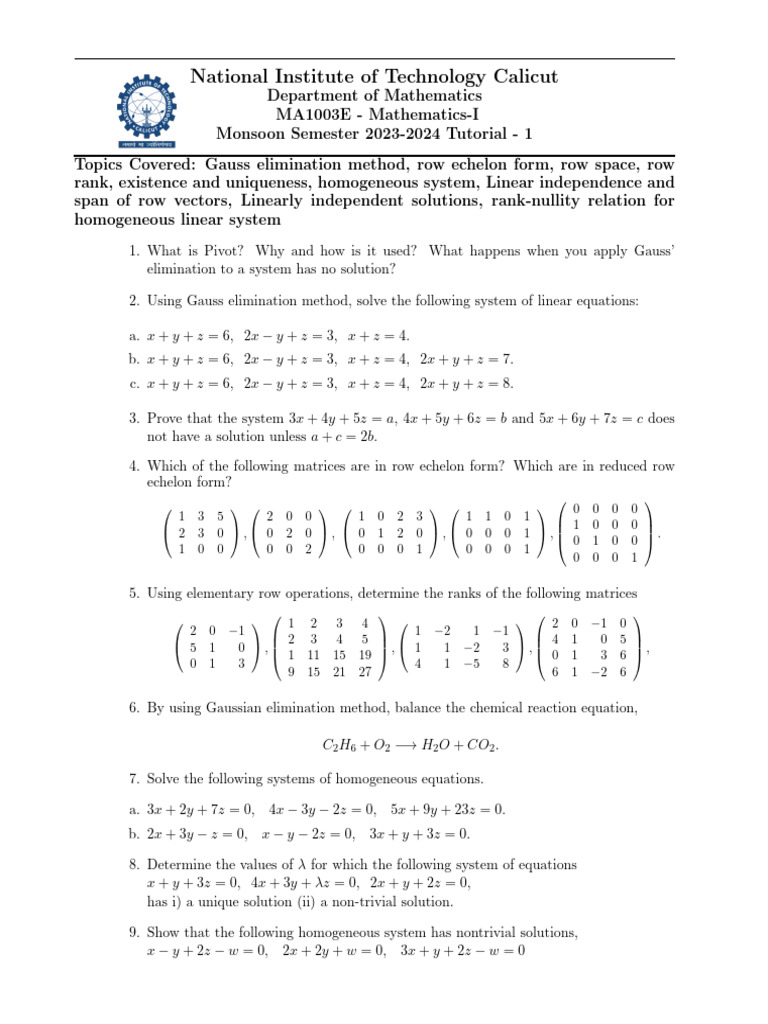 Tutorial sheet-1-MA1003E | PDF | System Of Linear Equations | Abstract Algebra