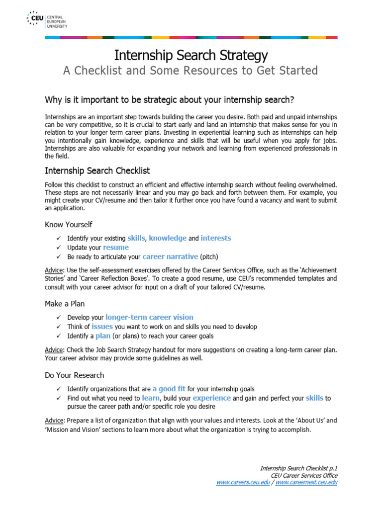 Internship Search Strategy: A Checklist and Some Resources To Get ...