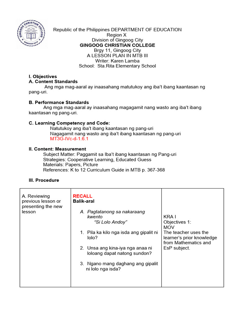 Grade 3 MTB | PDF