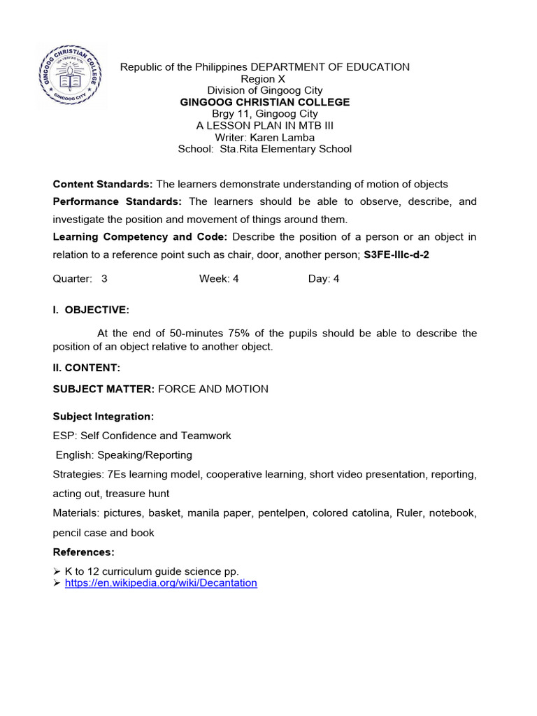 lesson plan grade 3 force and motion final | PDF | Teachers | Lesson Plan