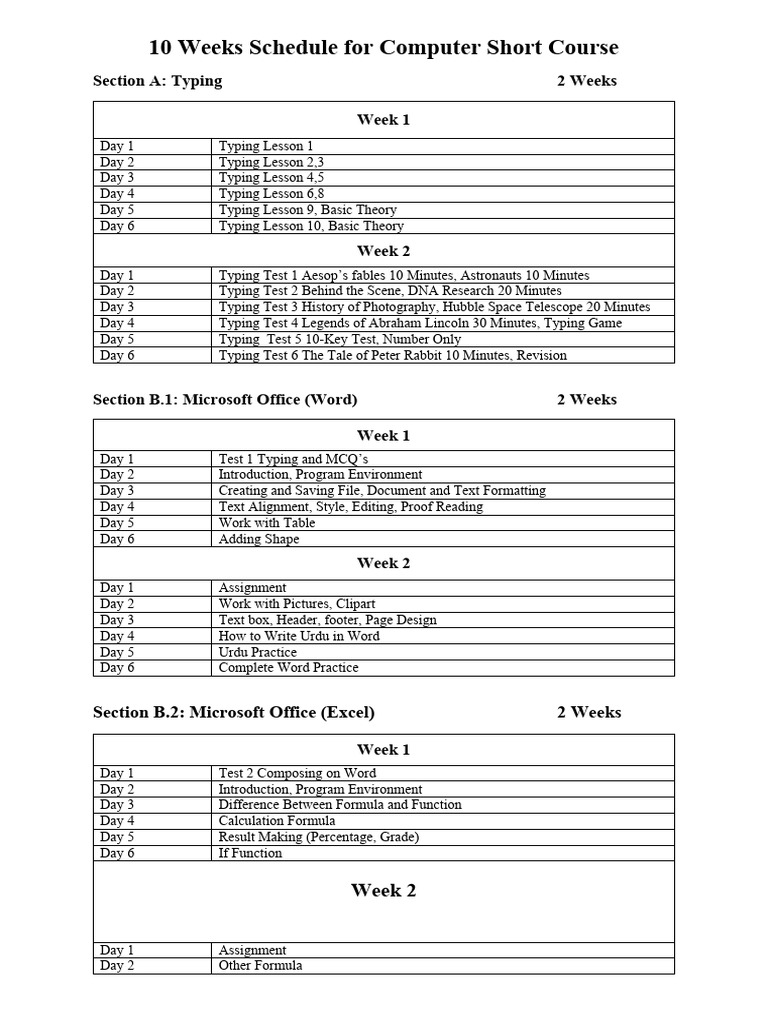 10 Weeks Schedule for Computer Short Course | Download Free PDF ...