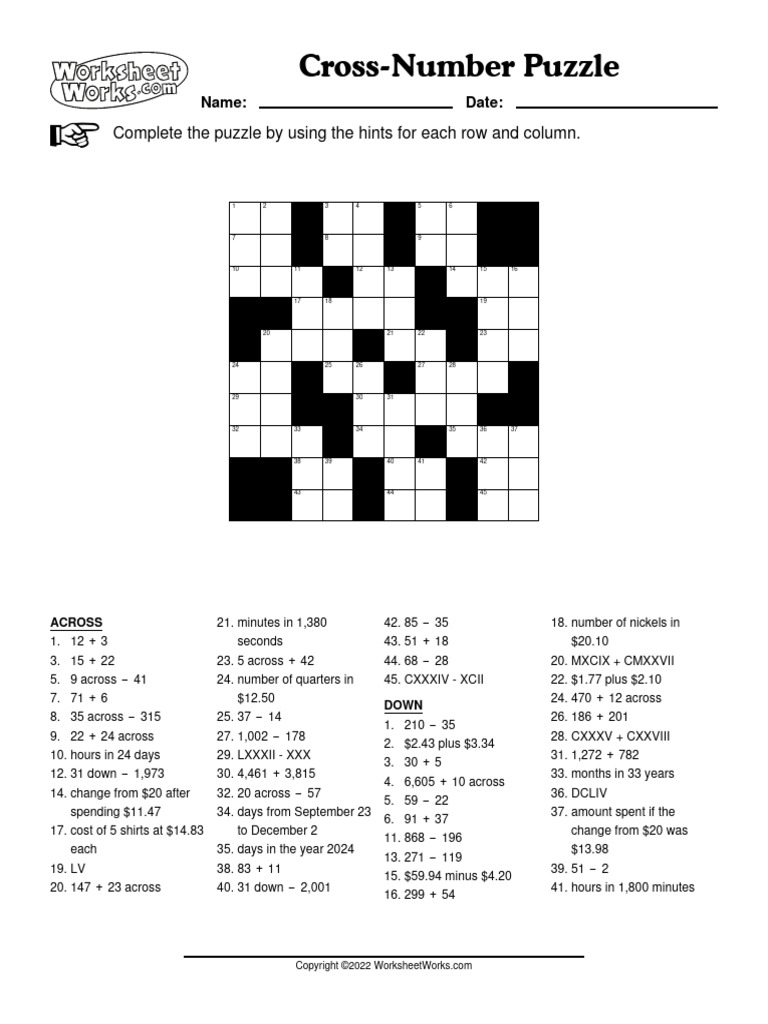 WorksheetWorks CrossNumber Puzzle 1 | PDF