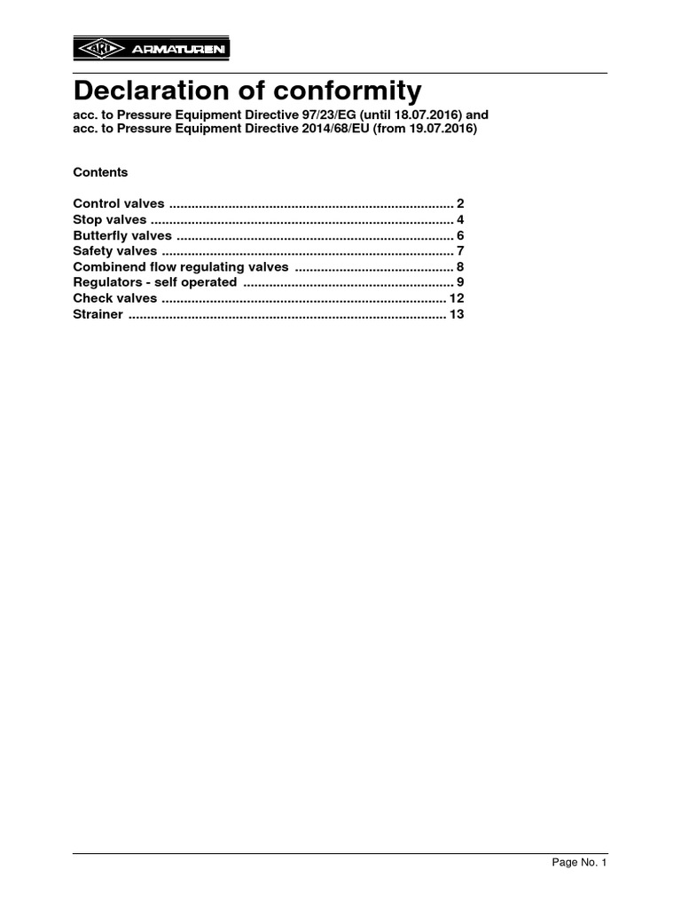 Declaration_of_Conformity_Valves | PDF | Valve | Mechanical Engineering