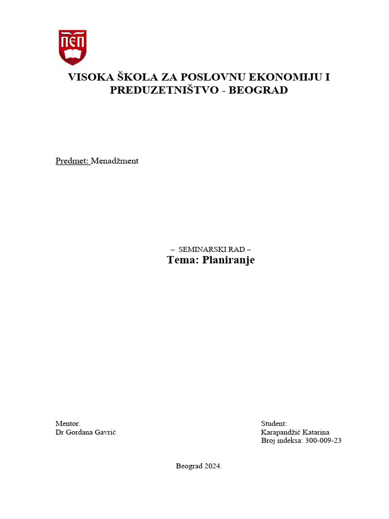 Planiranje Seminarski Menadzment | PDF