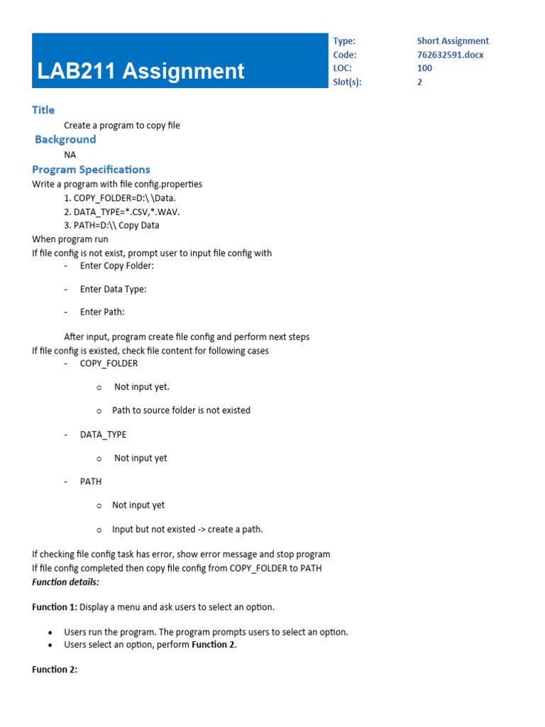 LAB211 Assignment: Title Background Program Specifications | PDF | Computer File | Input/Output