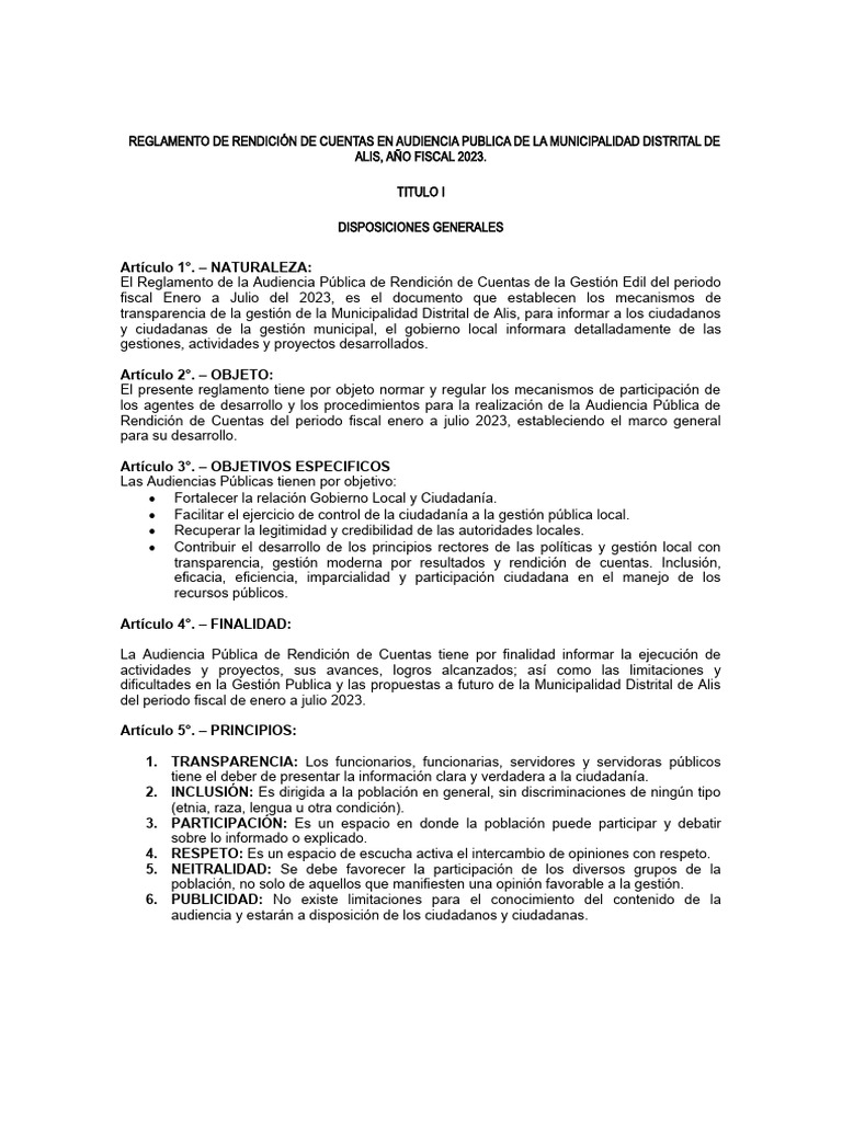 Reglamento Rendición de Cuentas Alis 2023 | PDF | Responsabilidad | Gobierno local