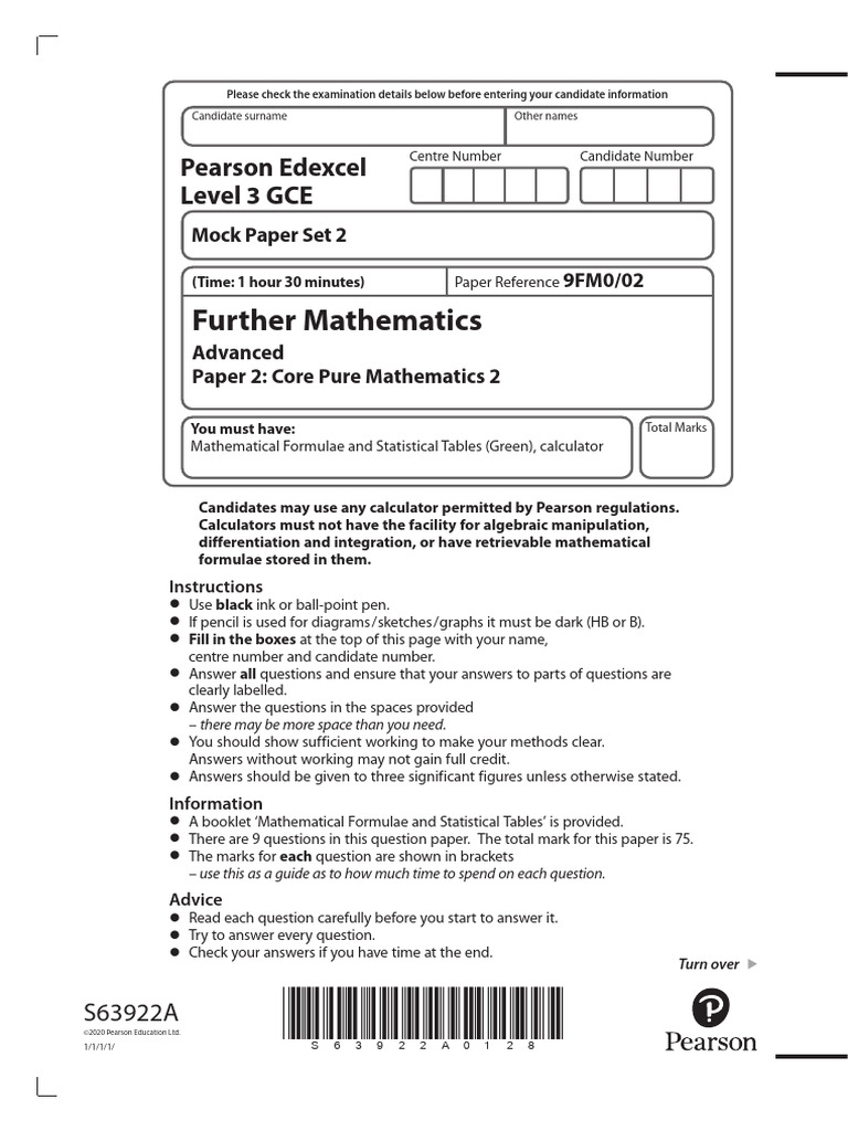 0s2 9FM0-02 Core Pure 2 - Mock Set 2 PDF | PDF | Mathematics | Algebra